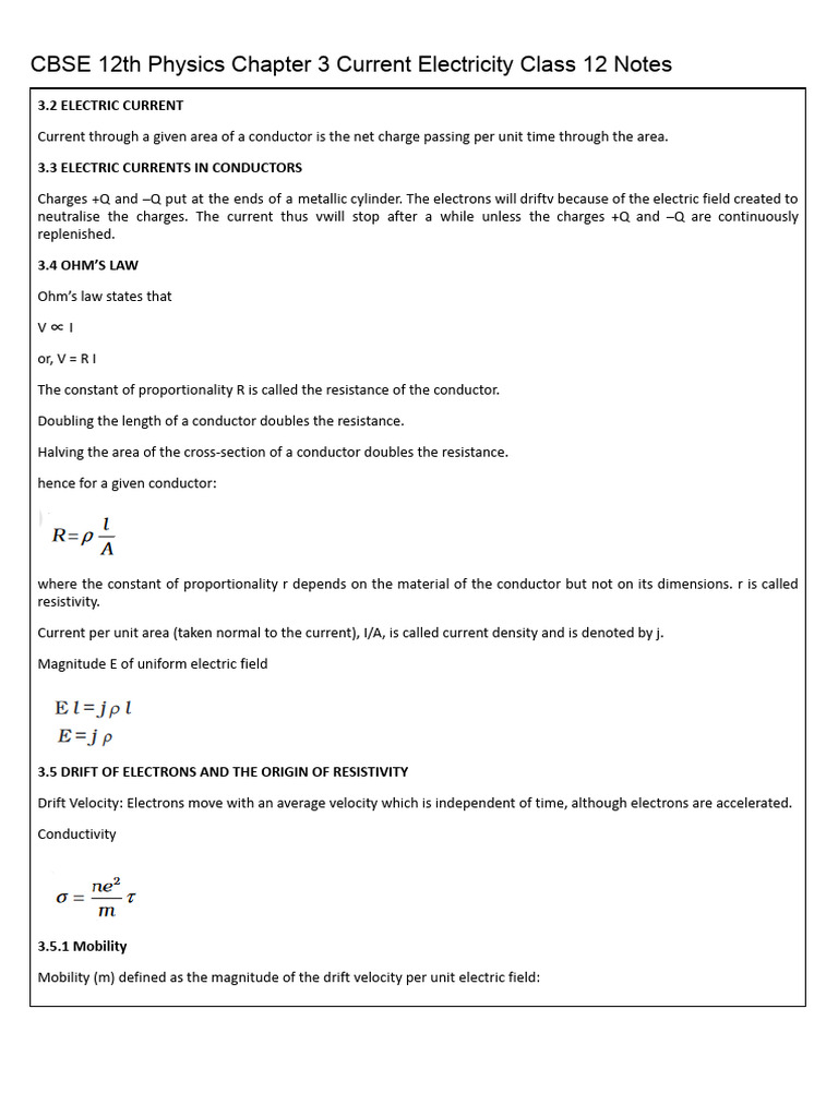 Cbse 12th Physics Chapter 3 Current Electricity Class 12 Notes | PDF ...