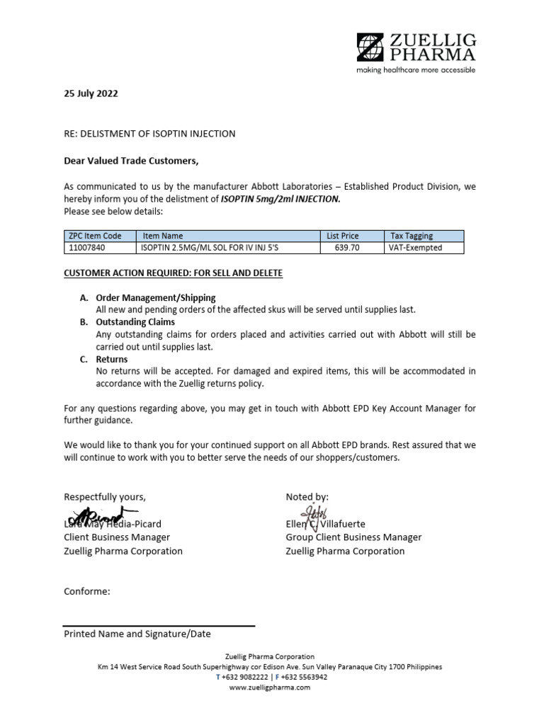 Trade Letter Delistment of Isoptin Injection_Abbott Lab (EPD) (2) | PDF