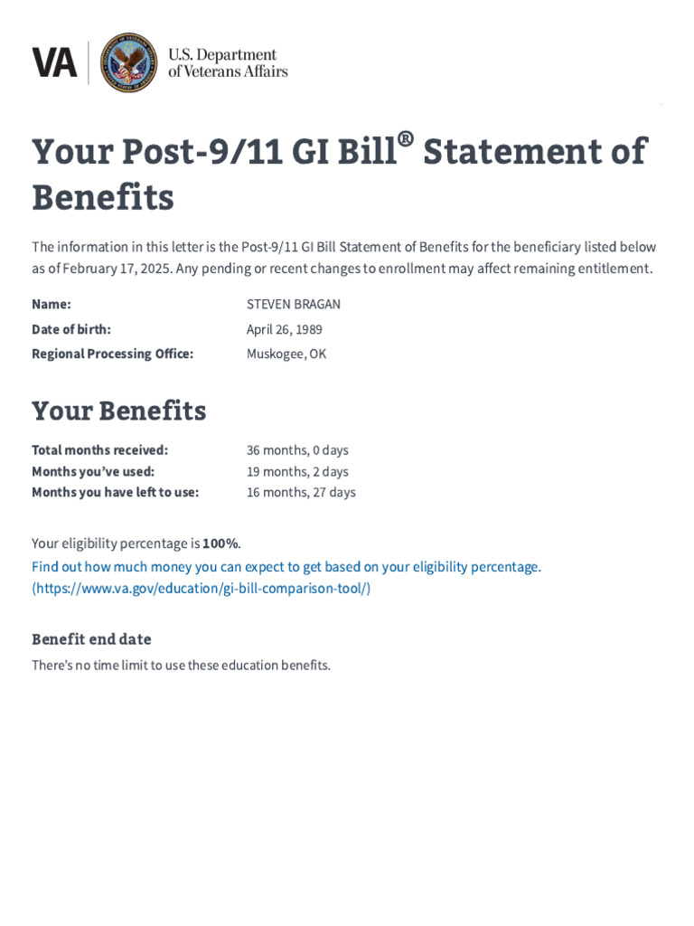 Check Your Remaining Post-9 - 11 GI Bill Benefits - Veterans Affairs | PDF