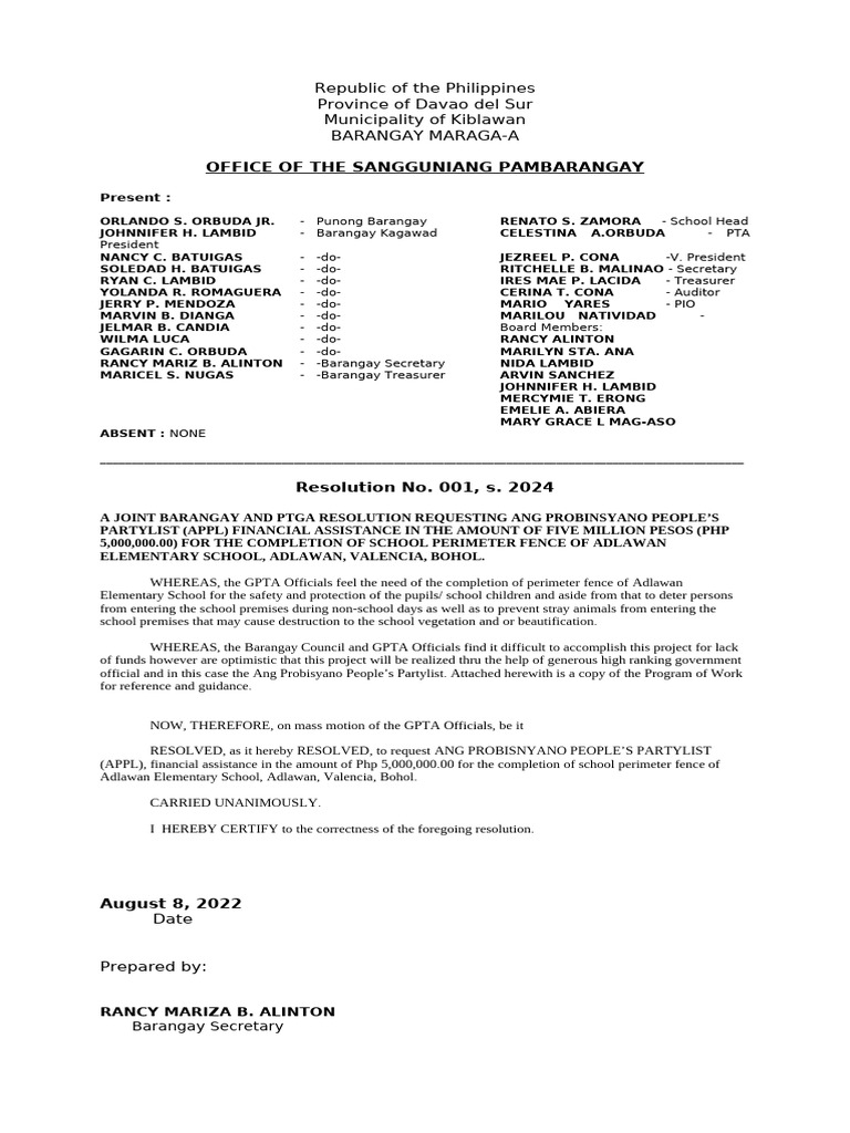 Joint Reso Brgy and School | PDF