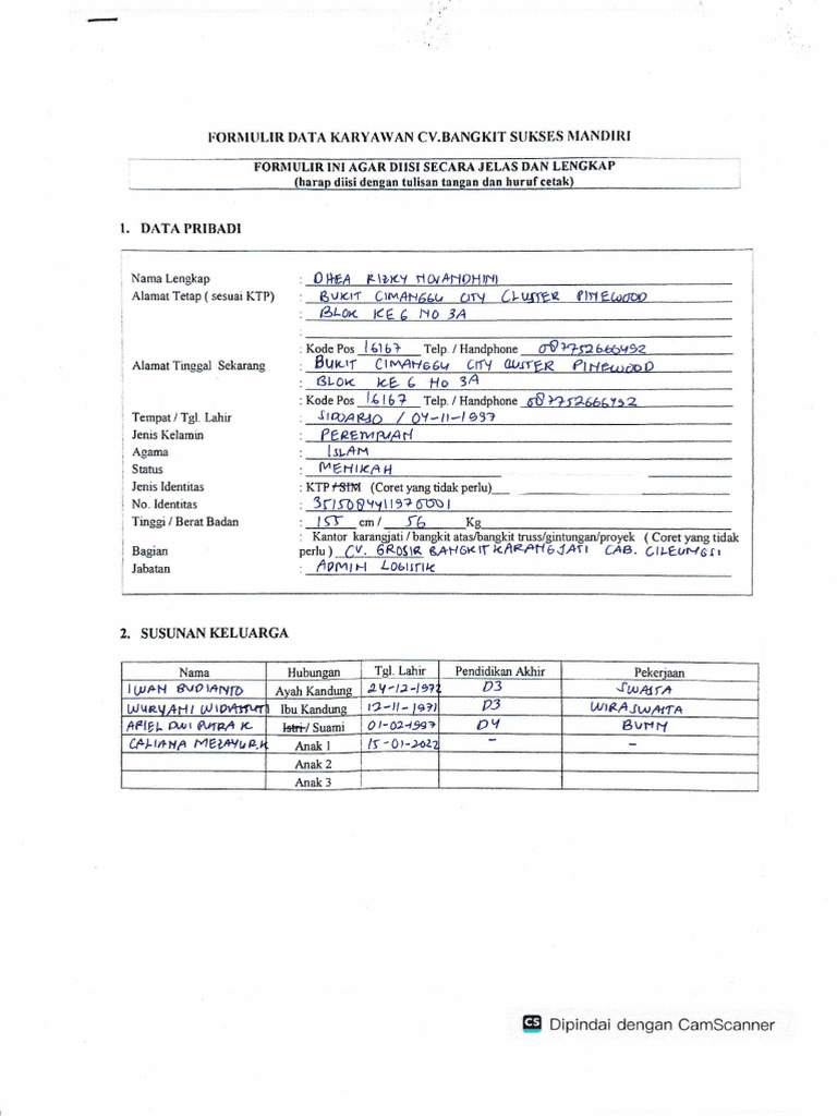 Formulir Data Dhea Rizky Novandhini | PDF