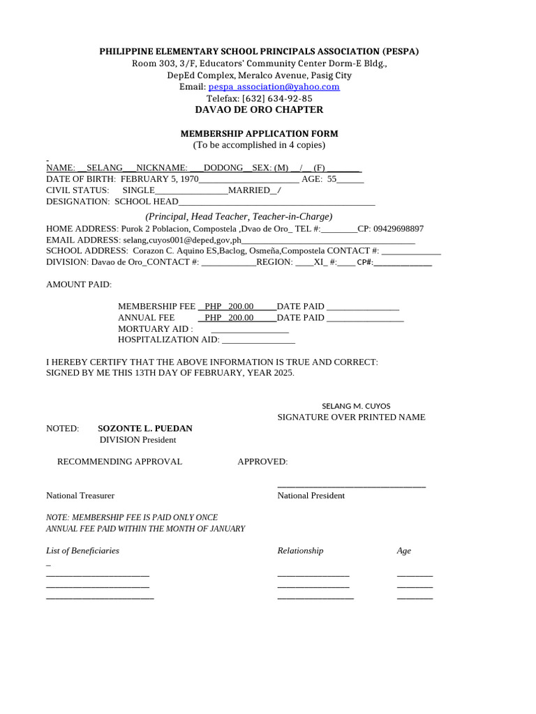 PESPA Davao de Oro Membership Form | PDF | Philippines