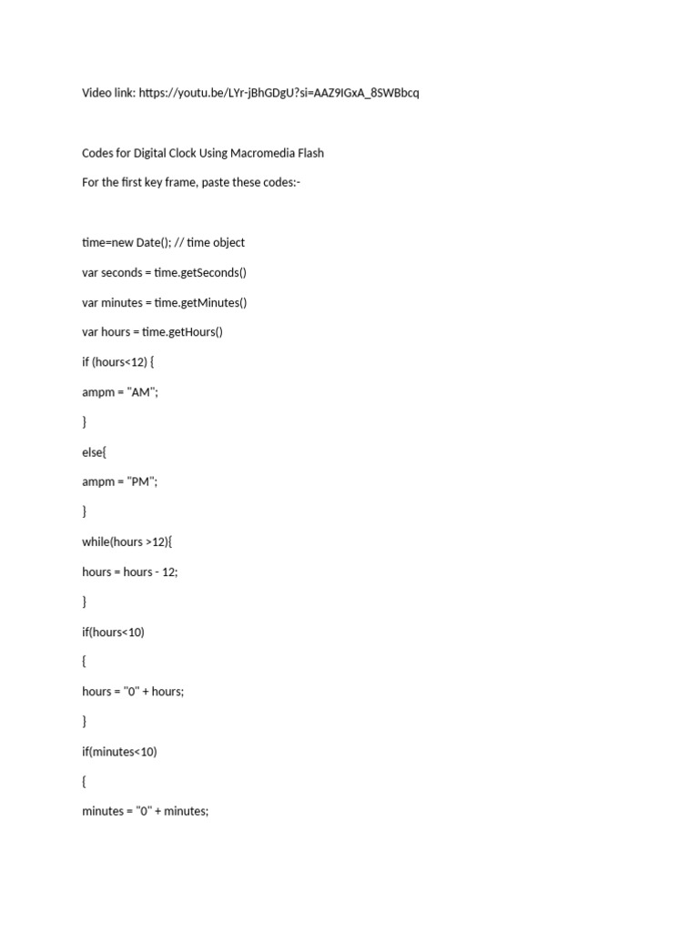 Digital Clock Code in Flash | PDF