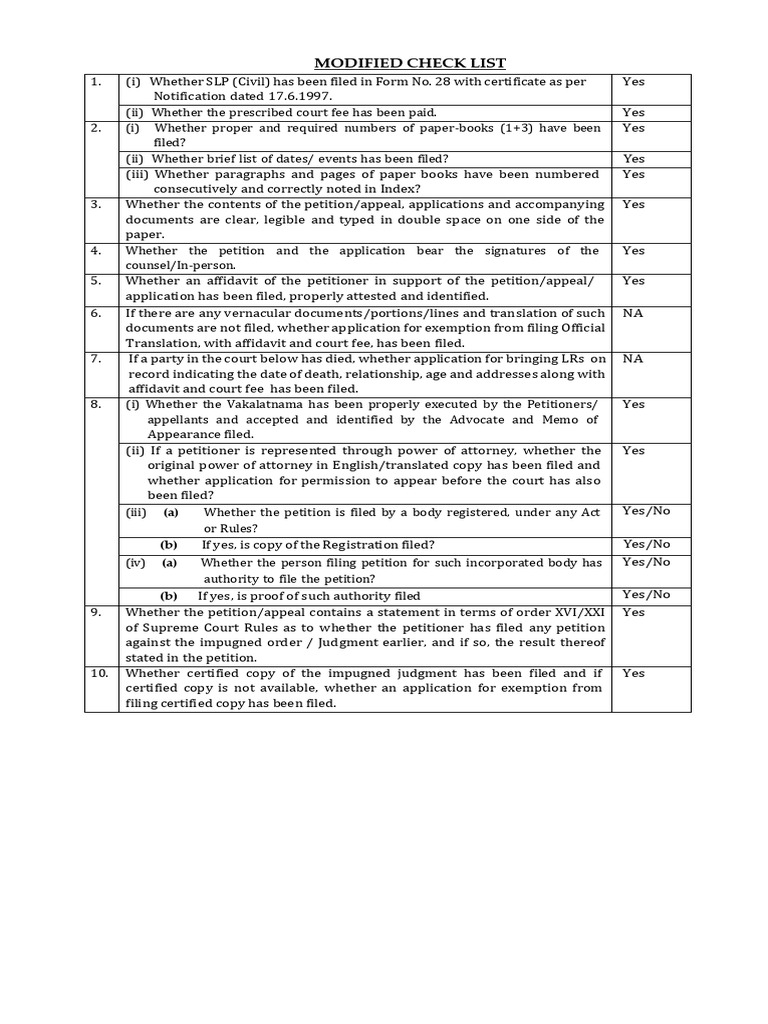 Supreme Court SLP Filing Checklist | PDF | Judgment (Law) | Appeal