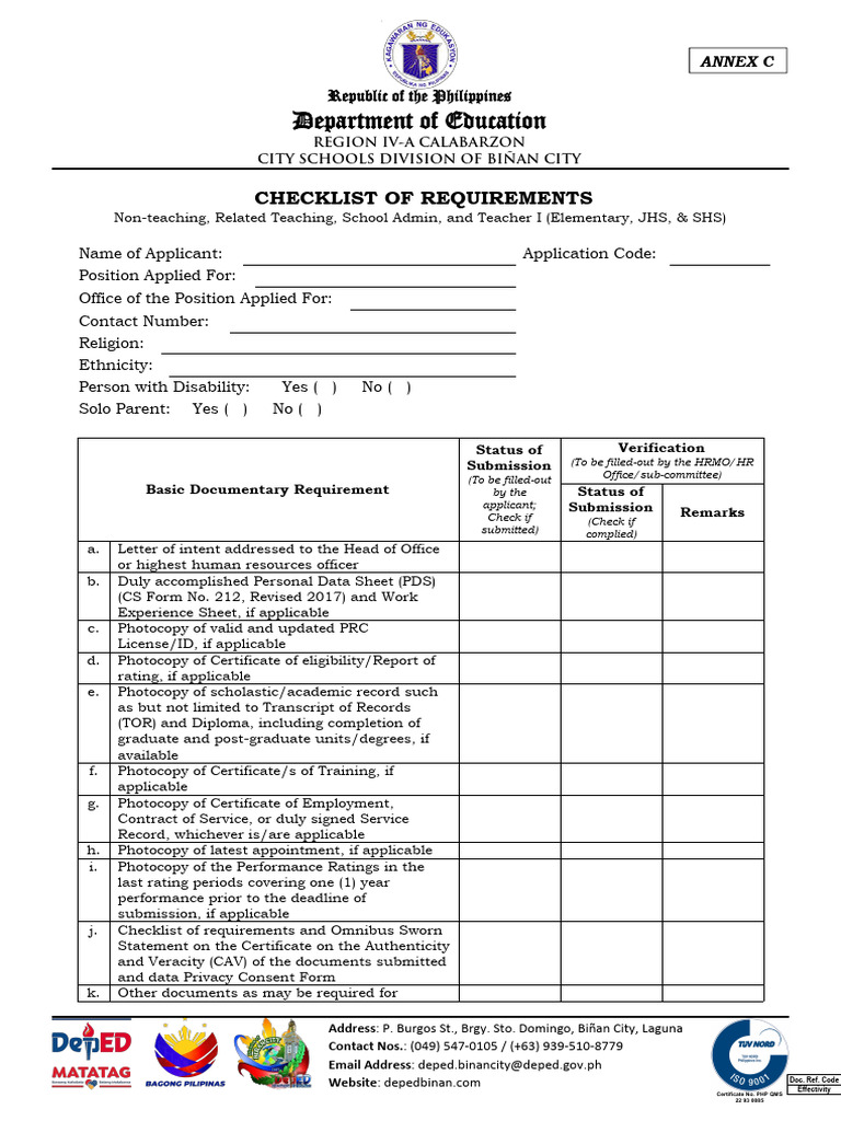 Non-Teaching, Related Teaching, School Admin, and Teacher I - Elem, JHS, & SHS (Checklist of ...