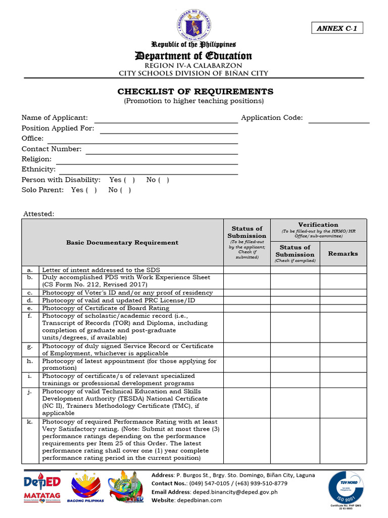 Checklist of Requirements & Omnibus Sworn Statement - Higher Teaching Positions (Annex C-1) | PDF