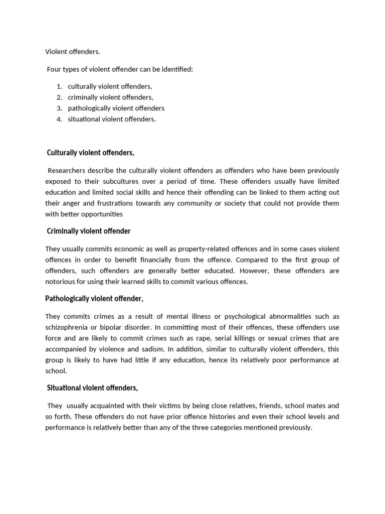 Types of Violent Offenders Explained | PDF