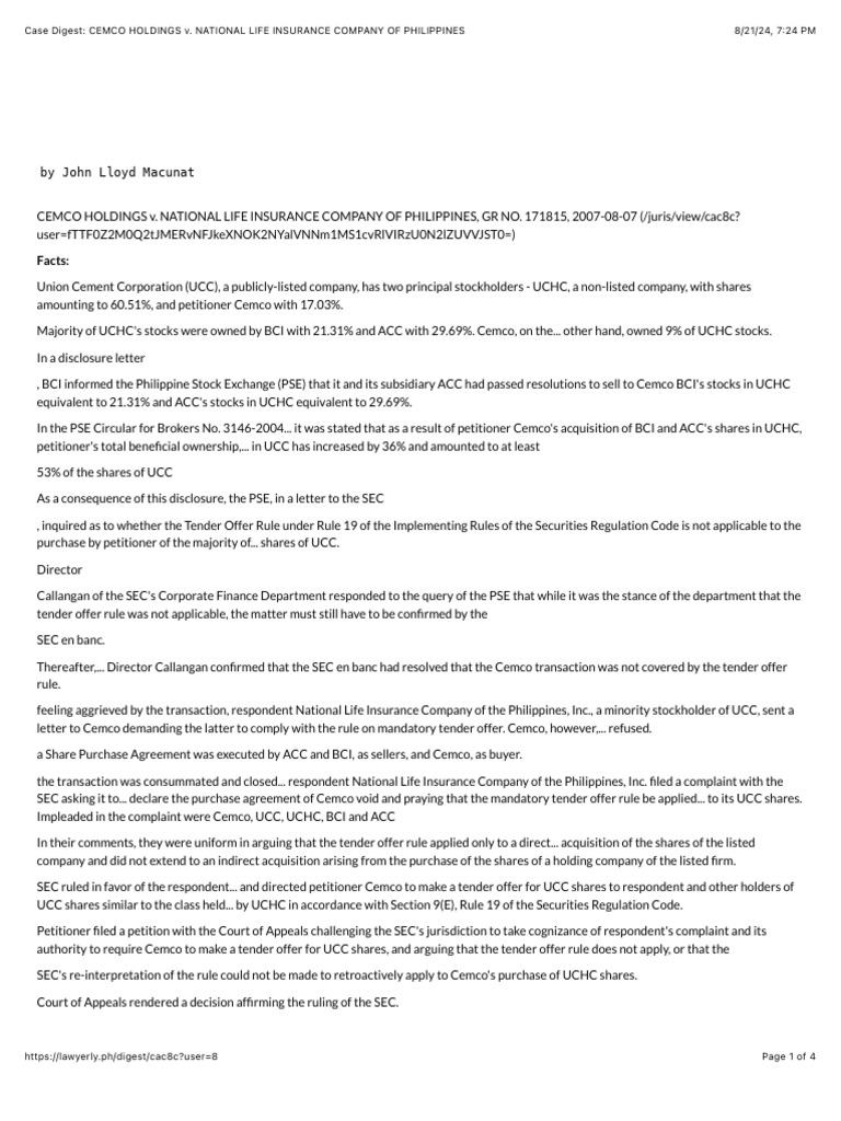 Case2-1 Digest: CEMCO HOLDINGS v. NATIONAL LIFE INSURANCE COMPANY OF PHILIPPINES | PDF ...
