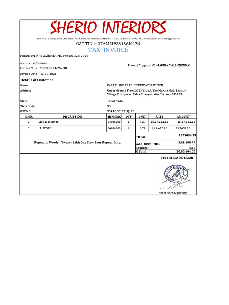 (104)Cl-marina Mall Chennai Sales Invoice | PDF | Payments | Taxes