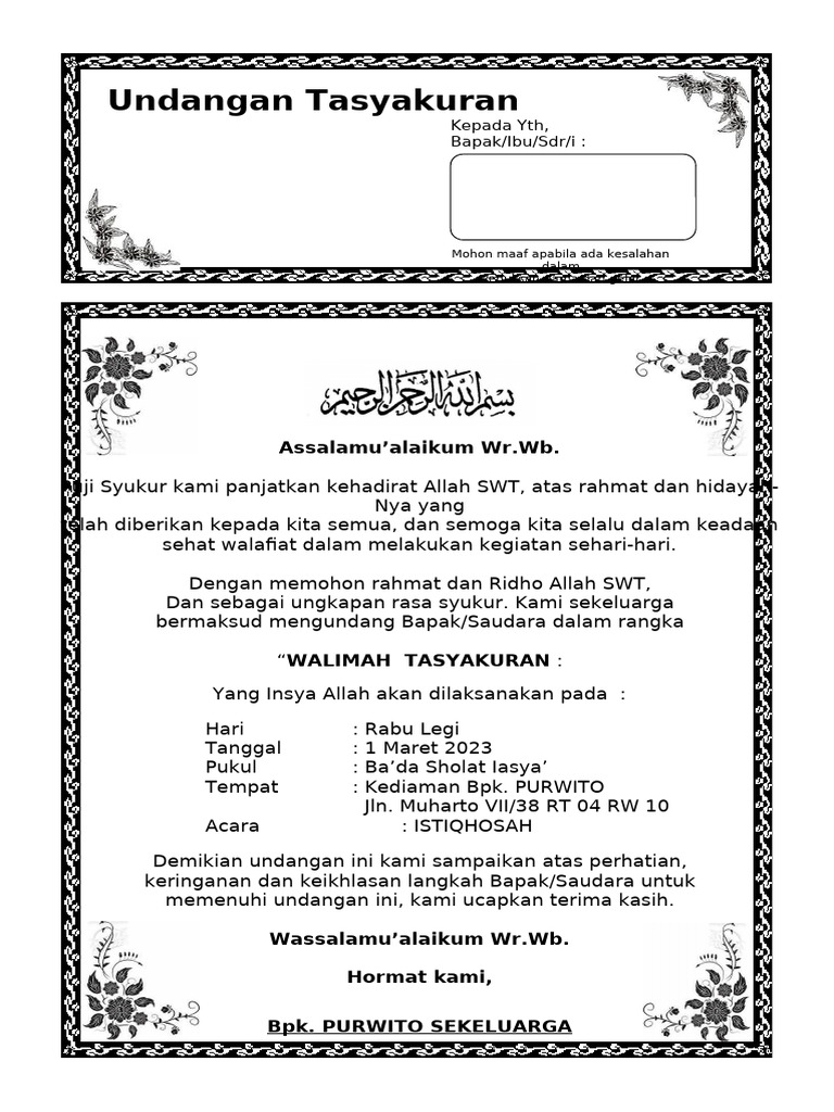 Undangan Tasyakuran Keluarga Purwito | PDF