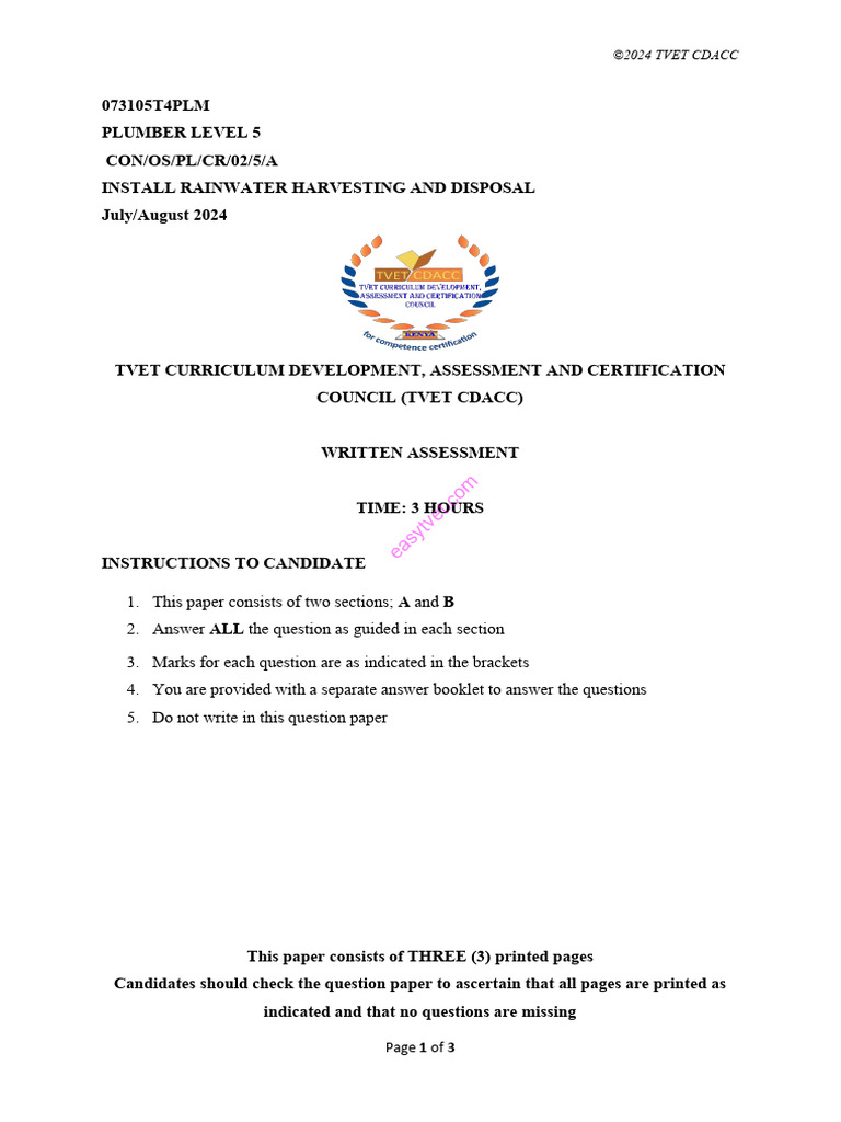 Plumber Level 5: Rainwater Harvesting Exam | PDF | Plumbing | Water