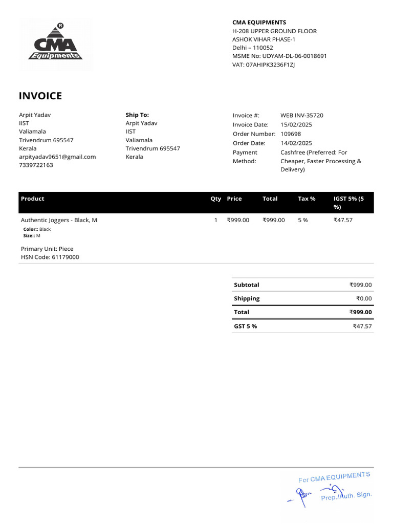 Invoice for Authentic Joggers Purchase | PDF