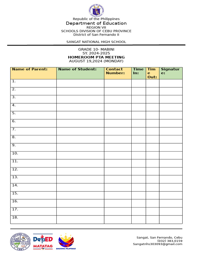 Mabini Attendance Of Parents Pdf Philippines Government Institutions