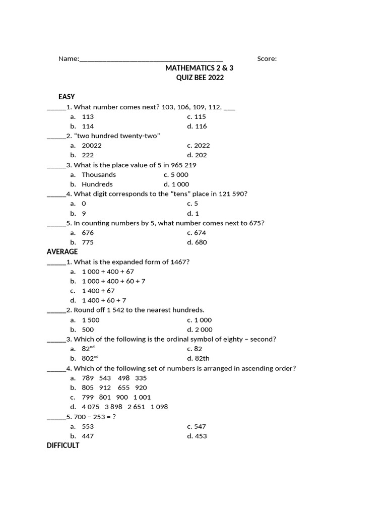 Math 2 and 3 Quiz Bee Answer Key | PDF | Mathematics | Numbers