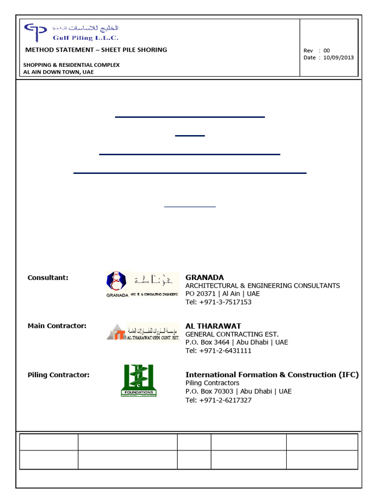 Method Statement Sheet Pile_Al Ain DownTown Project | PDF | Deep ...