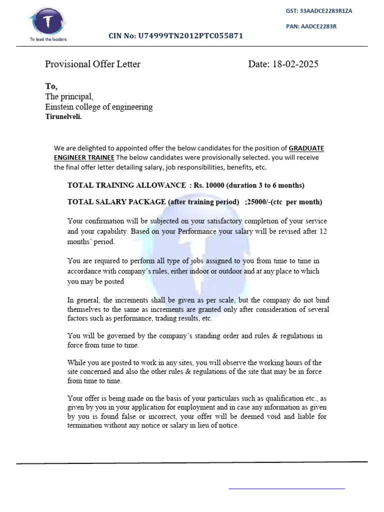 provisional offer letter trainee_einstein | PDF | Private Law | Labor