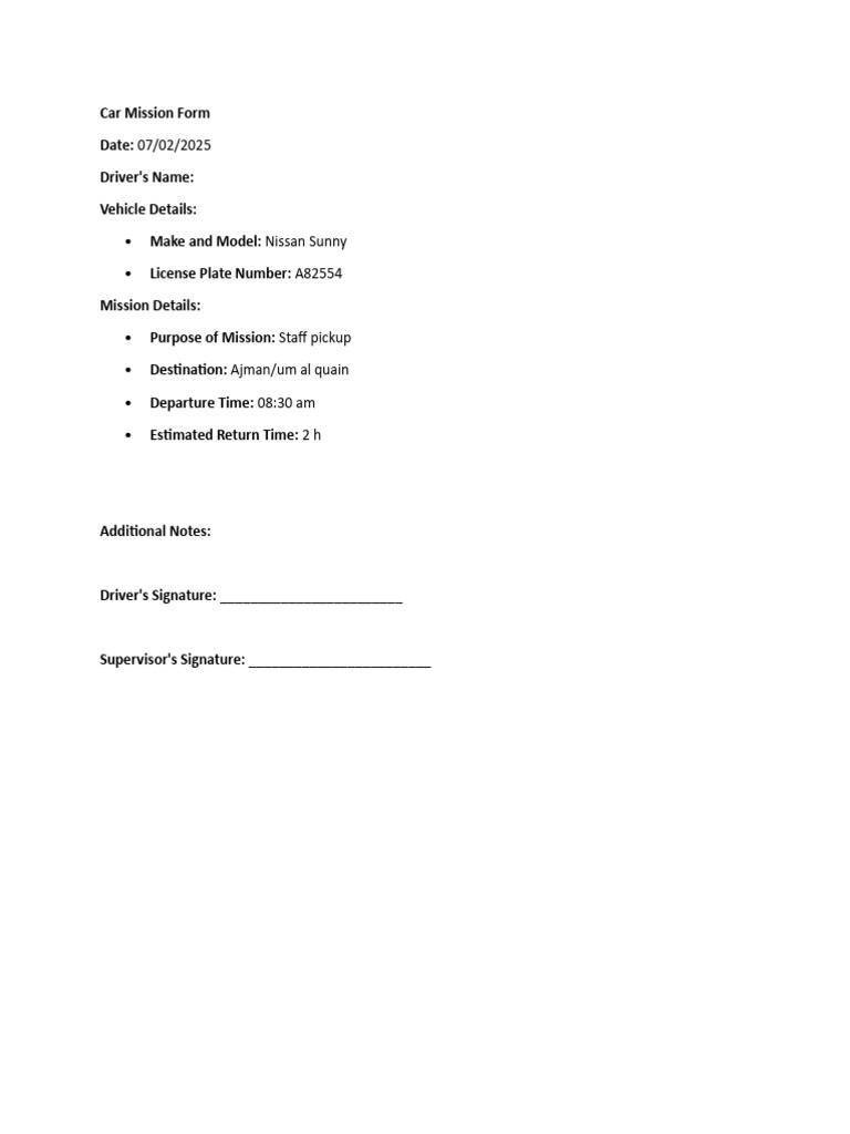 Car Mission Form | PDF