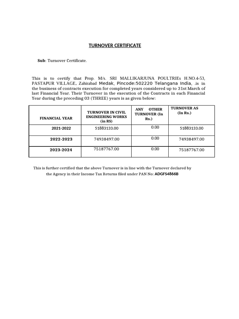 Turnover Certificate Sri Mallikarjuna Poultries | PDF