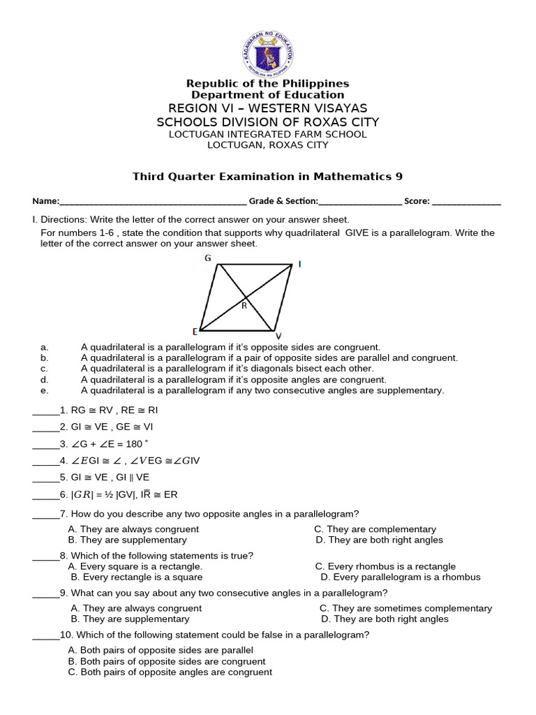 Math 9 Third Quarter Exam Guide | PDF | Rectangle | Geometry
