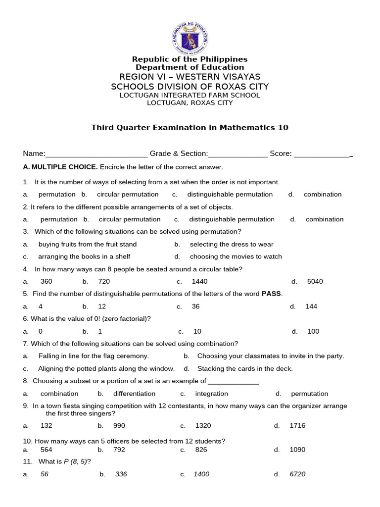 24-25 q3-3rd-quarter-exam-in-MATH-10 | PDF | Permutation | Probability