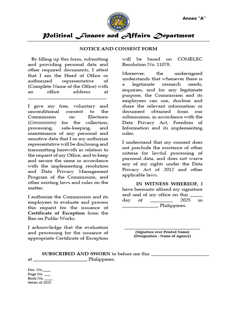 Annex A Notice and Consent FormCOMELEC | PDF | Justice | Crime & Violence
