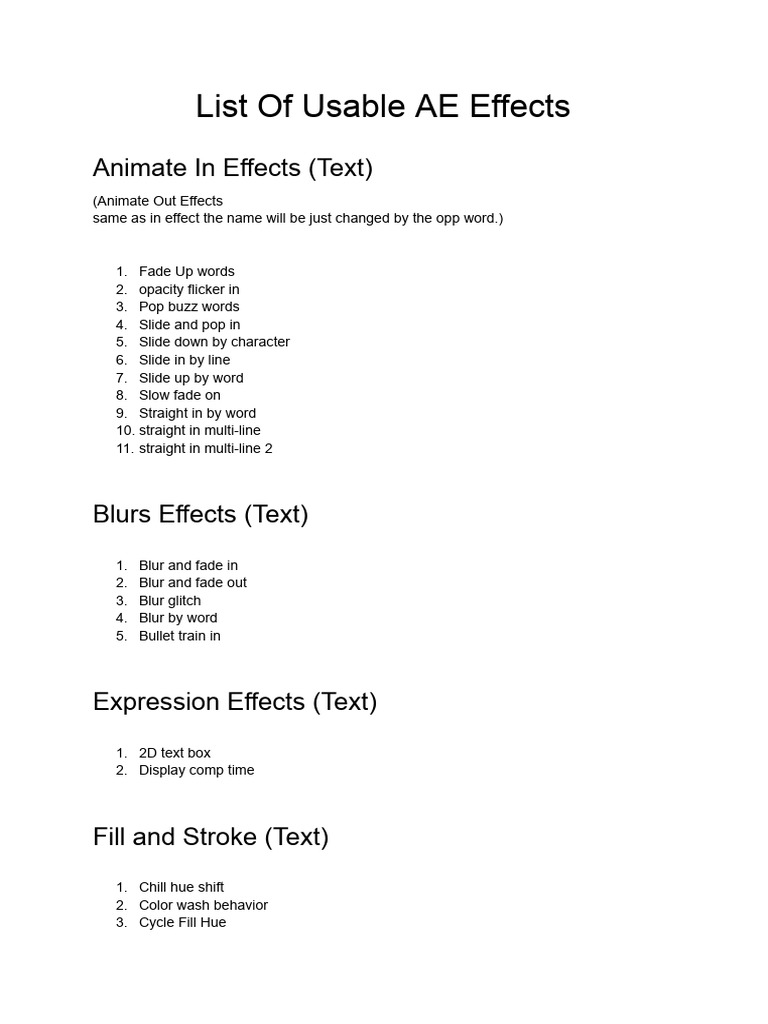 Comprehensive AE Effects List | PDF