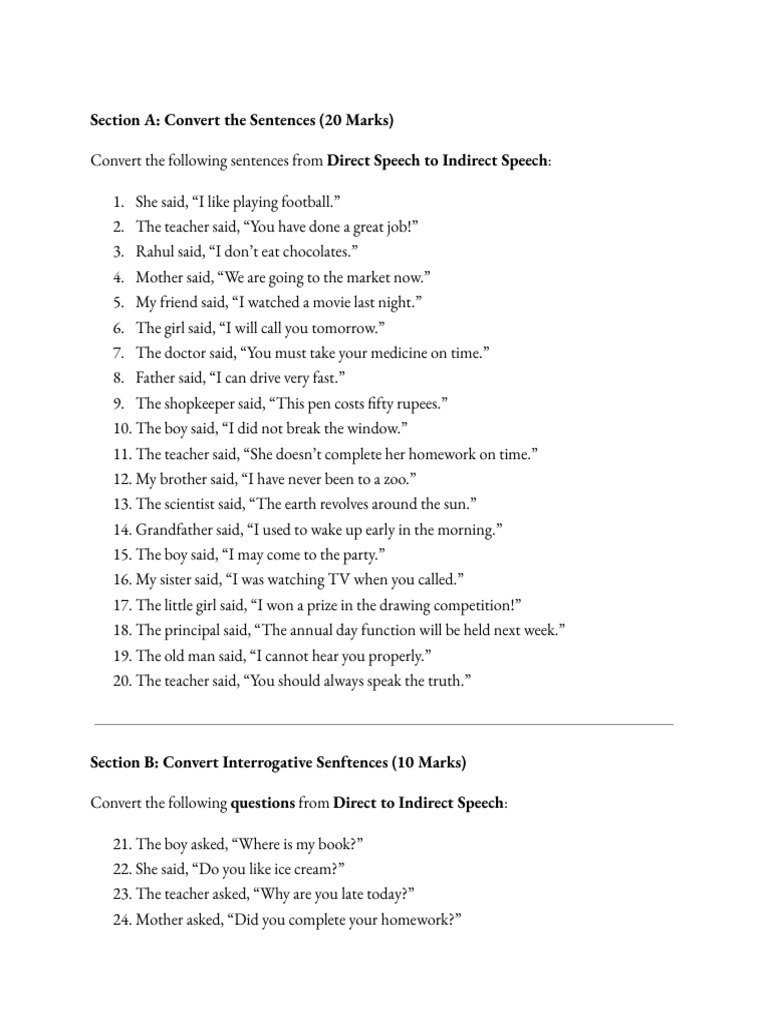 Direct and Indirect Speech Worksheet | PDF