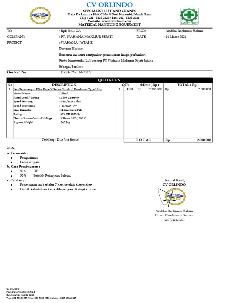 QUOTATION JASA WIRE ROPE V | PDF
