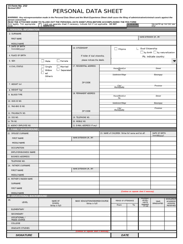 Personal Data Sheet CS Form 212 | PDF | Justice | Crime & Violence