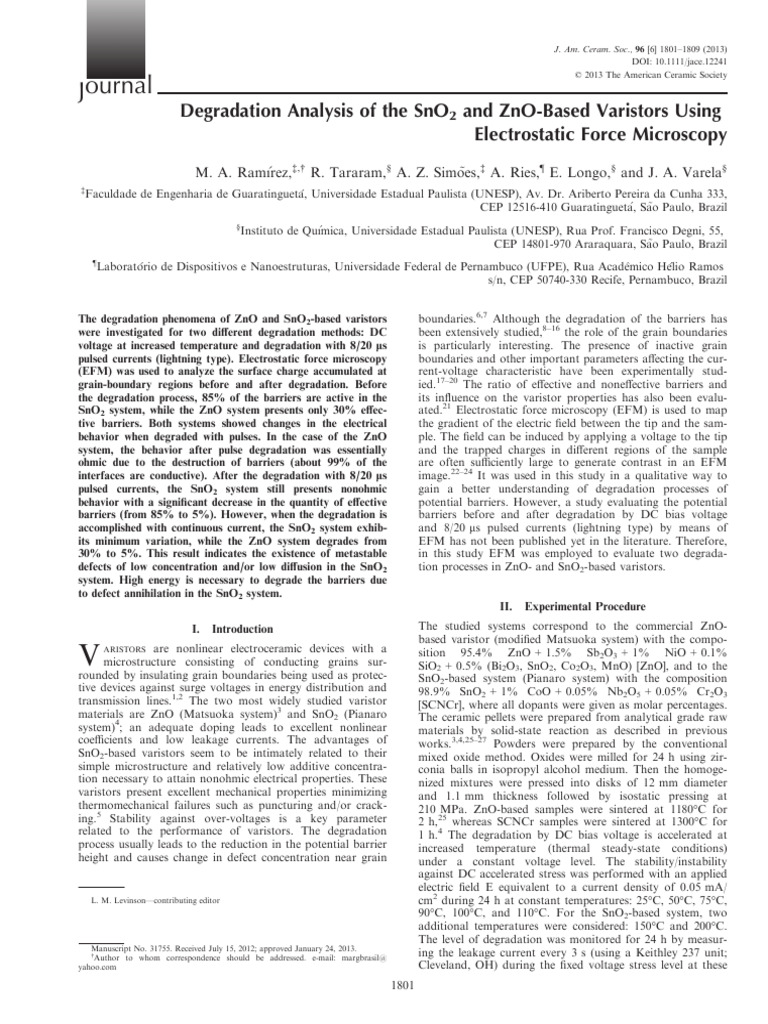 Degradation Analysis of The SnO2 and ZnO Based Varistors Using Electrostatic Force Micros | PDF ...