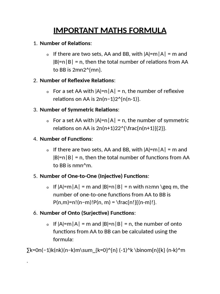 Key Maths Relations and Functions Formulas | PDF