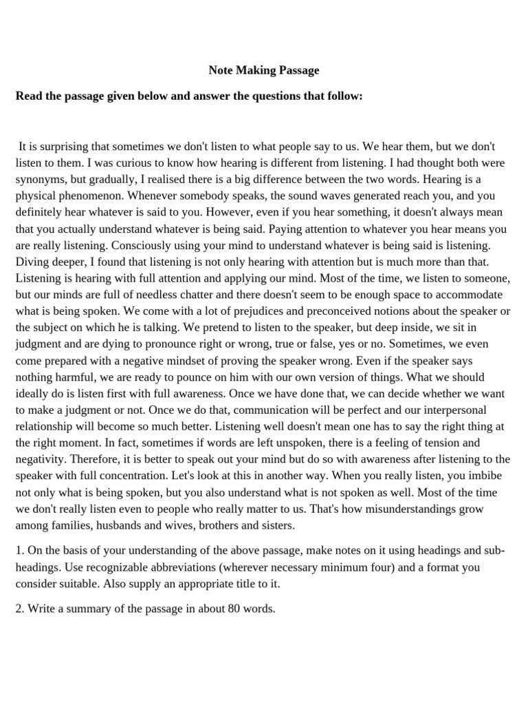 Note Making Passage Class 11 | PDF | Mind | Attention