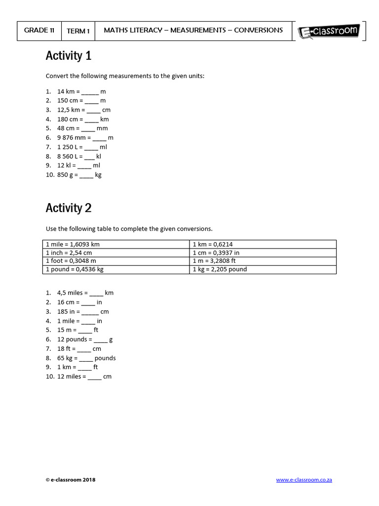 Grade 11 Maths Literacy Conversions | PDF