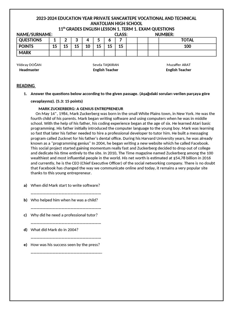 11th Grade English Exam Questions 2023-2024 | PDF | Mark Zuckerberg ...