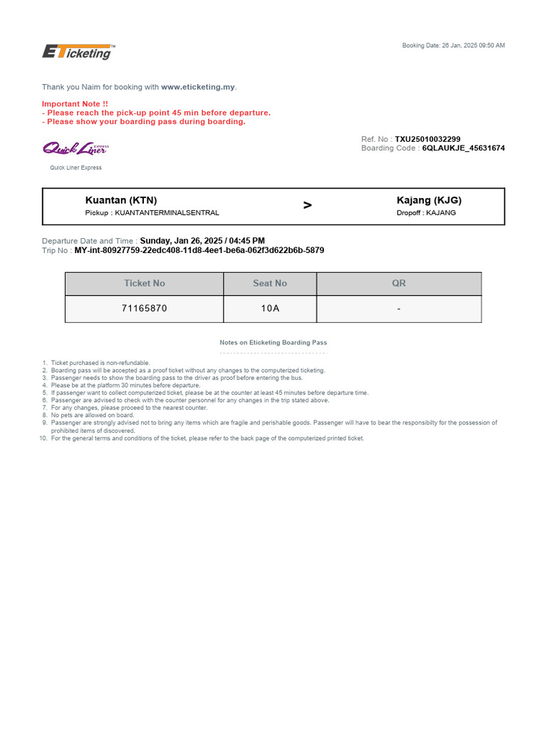 Quick Liner Express Ticket Details | PDF
