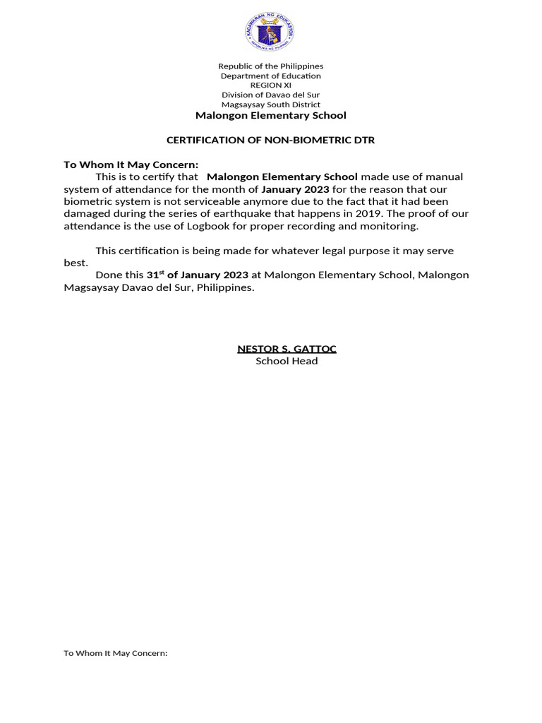 Certification Non Biometric DTR | PDF | Government | Philippines
