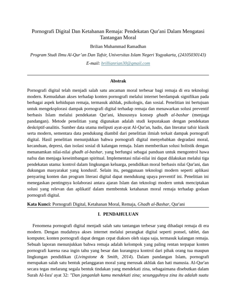 Pornografi Digital Dan Ketahanan Remaja: Pendekatan Qur'ani Dalam Mengatasi Tantangan Moral | PDF