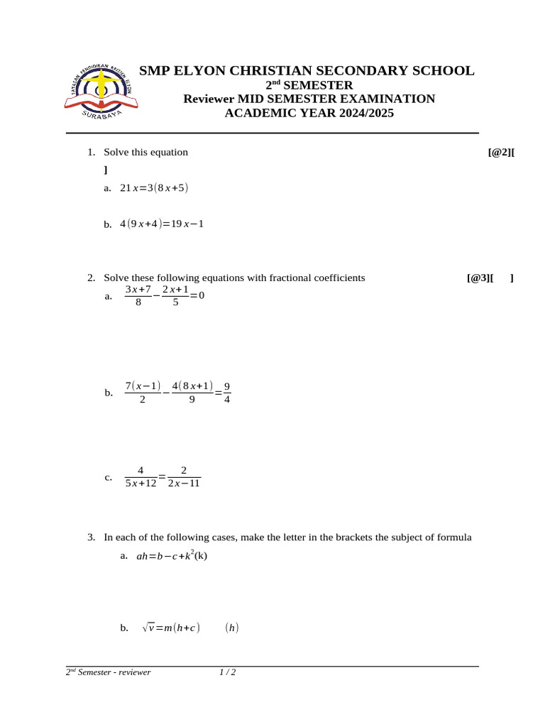 Reviewer MIDTEST - EXAM - PAPER Math Grade 9 | PDF