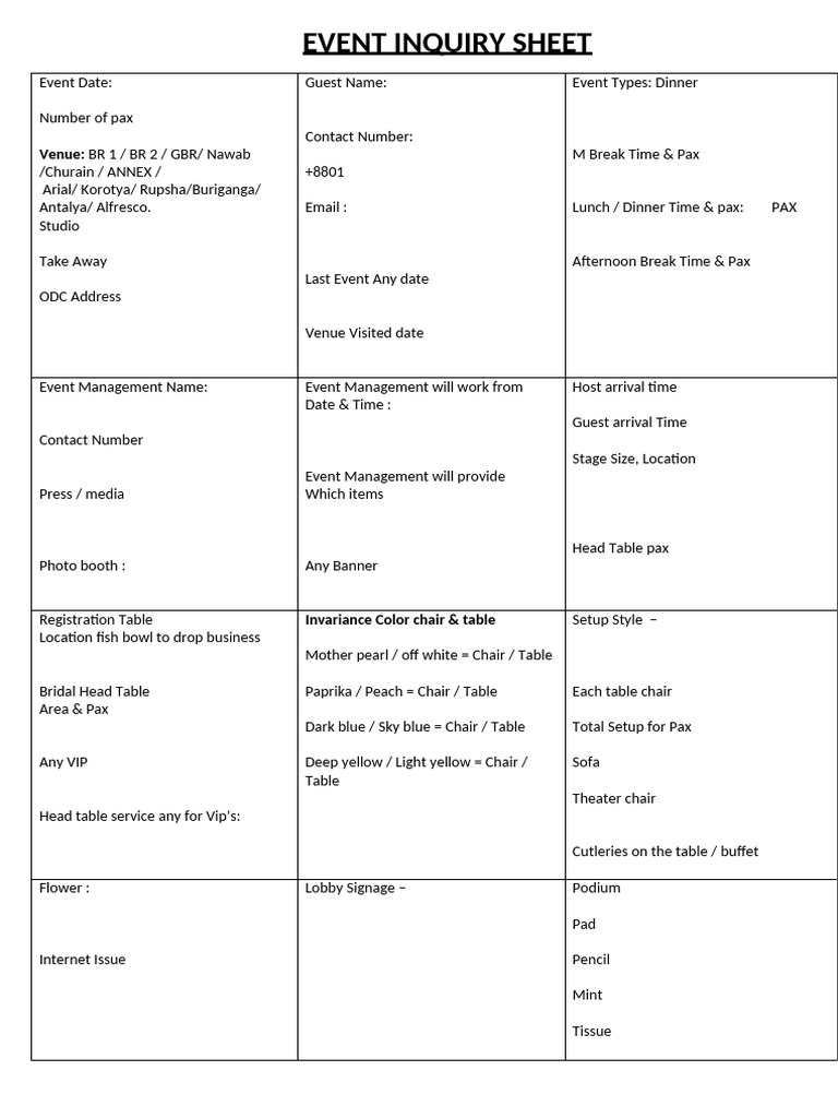 Event Inquiry Sheet | PDF | Drink