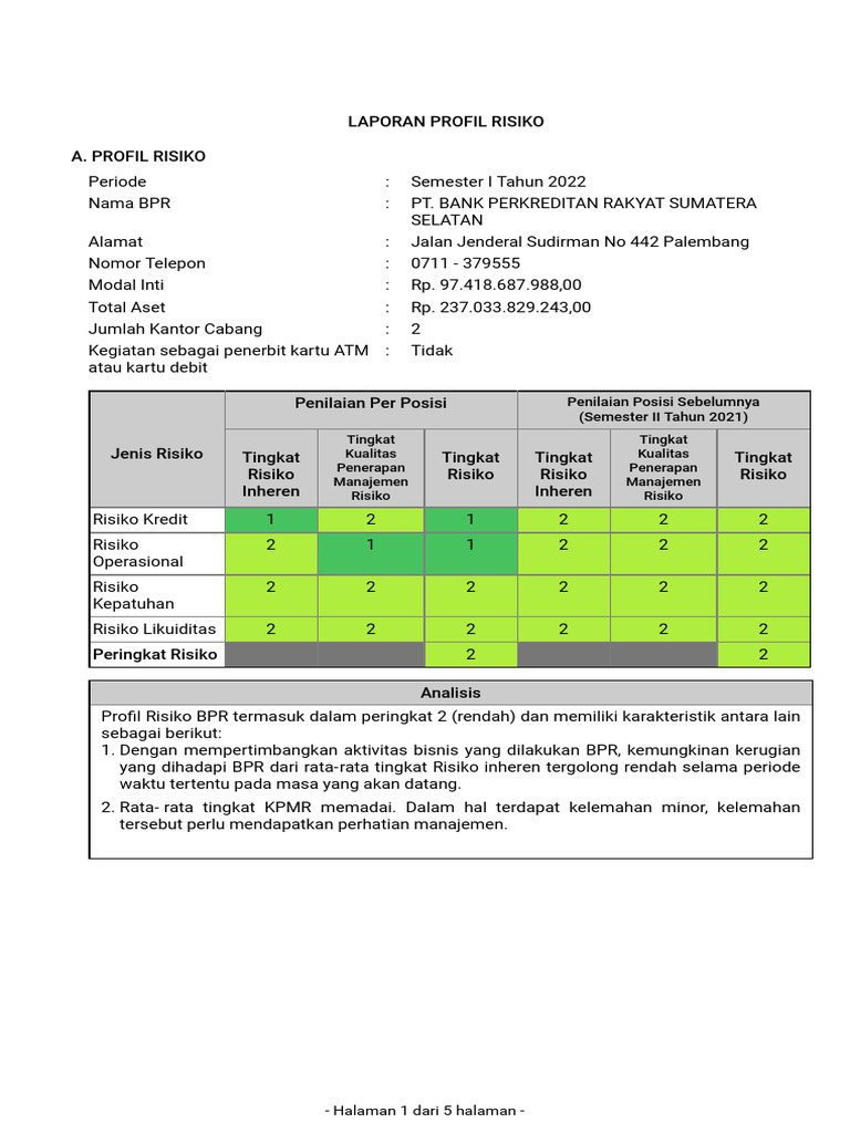 Profile Resiko Semester 1 2022 | PDF