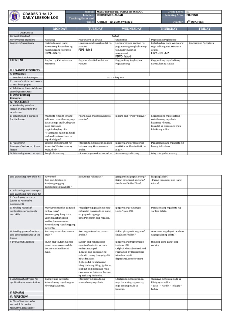 DLL - Filipino 3 - Q4 - W2 | PDF
