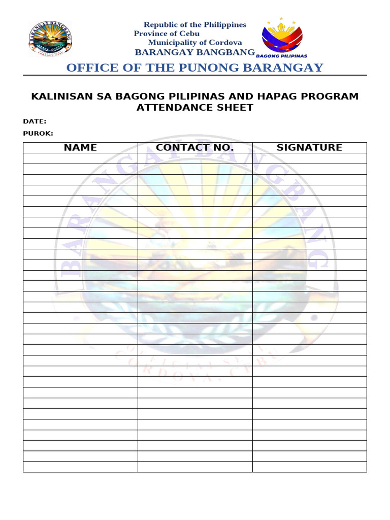 Barangay Bangbang Attendance Sheet | PDF