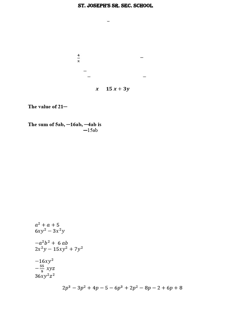 Algebraic Expressions Worksheet for Class VII | PDF | Equations ...