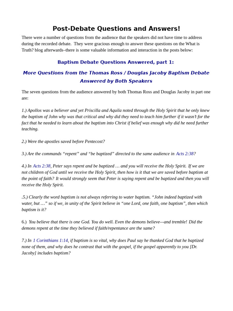 Post-Debate Questions and Answers! | PDF | Baptism | Paul The Apostle