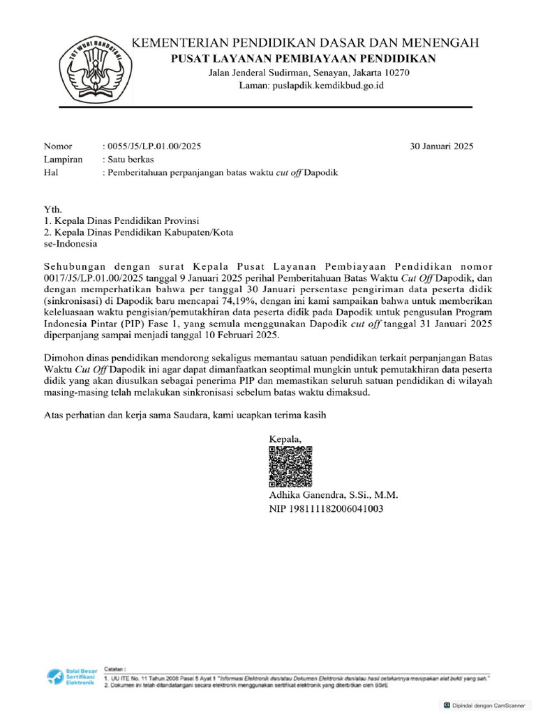 Pemberitahuan Perpanjangan Batas Waktu Cut Off Dapodik | PDF