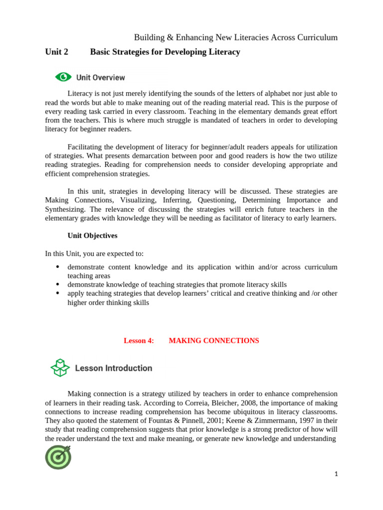 Unit 2 Basic Strategies For Developing Literacy Lessons 4 9 | PDF | Reading Comprehension | Literacy