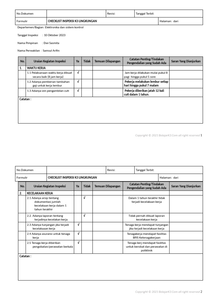 FORM CHECK LIST INSPEKSI K3-LINGKUNGAN (GENERAL INSPECTION)[1] | PDF