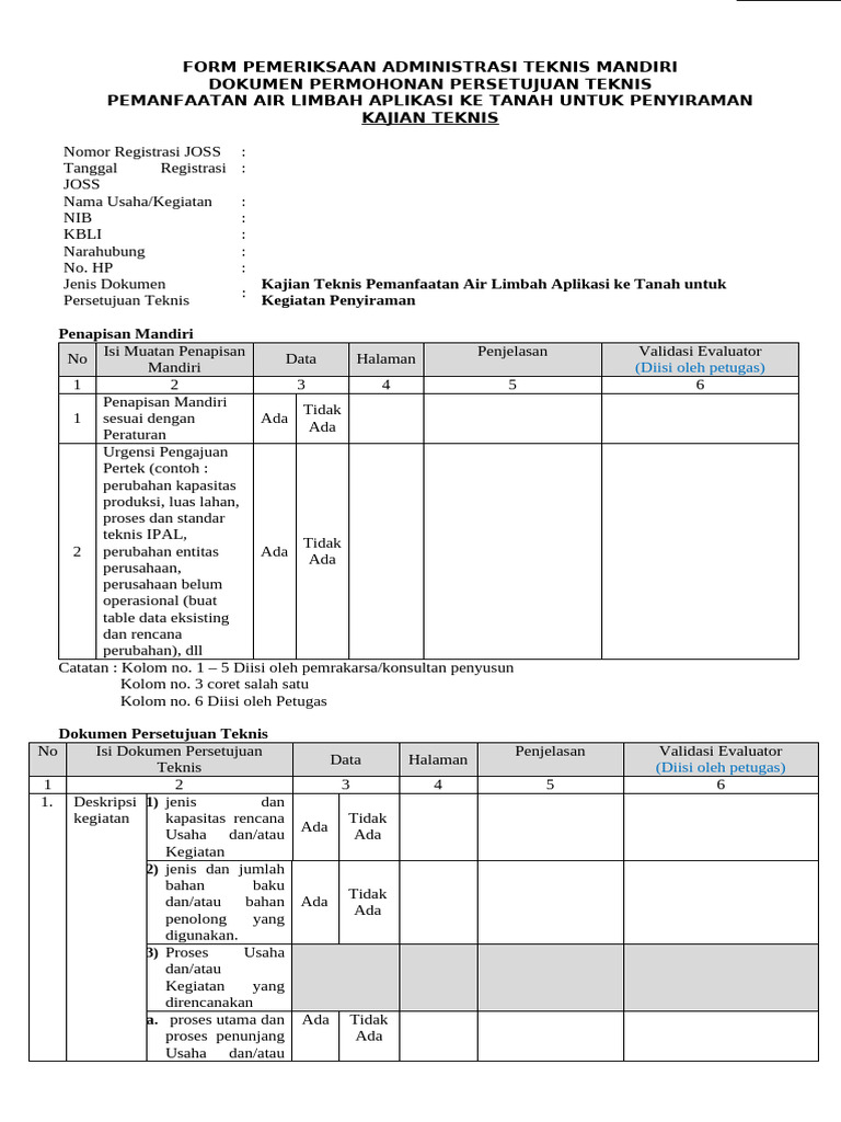 1d. Form Pemeriksaan Mandiri - Pertek Pemanfaatan Siram - Kajian Teknis | PDF