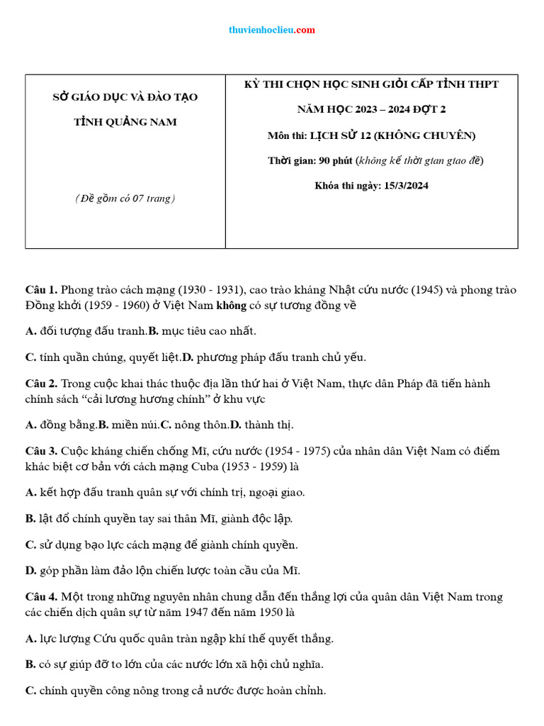De Thi HSG Lich Su 12 Quang Nam 23 24.docx 20250211 123611 0000 | PDF