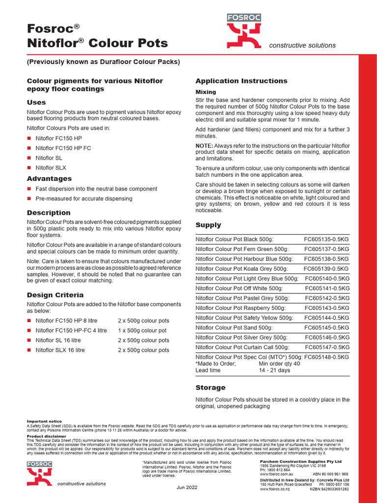 Fosroc Nitoflor Colour Pots TDS | PDF | Epoxy | Color